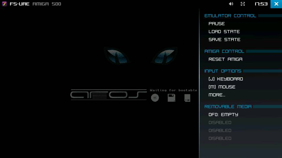 何か画面が表示されたら F12 を押してカーソルキーで×まで移動してリターンキーを押して FS-UAE を終了します。