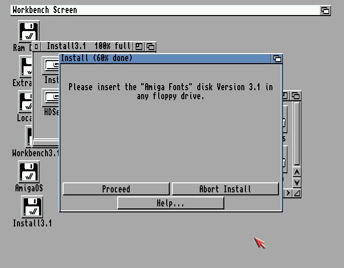 Fonts disk を要求されたら F12 を押して FS-UAE のメニューを開いて、